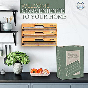 Golden Ears Essentials Foil and Plastic Wrap Organizer 3 in 1 Bamboo Wrap and Aluminum Foil Dispenser for Wraps and Aluminum Foil Organization and Storage, Magnetic Sliding Doors, Engraved Labels