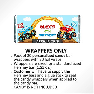 Monster Truck Party Favors for Kids Birthday, Personalized Candy Wrappers, Pack of 20 Custom Chocolate Bar Labels