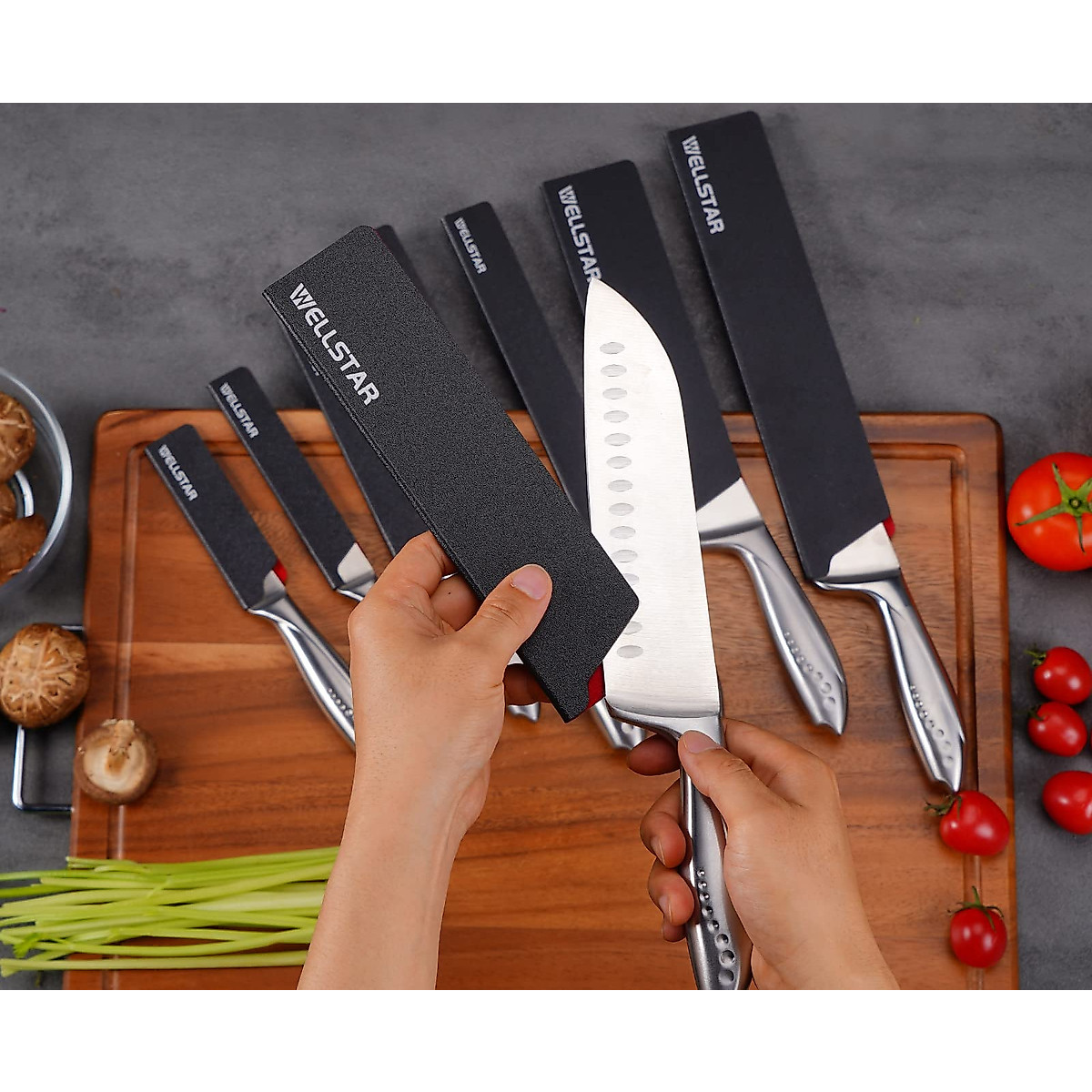 WELLSTAR Knife Edge Guards Set, 8 Piece Universal Blade Covers, BPA Free ABS Protective Blade Sheaths, Non-Scratch Felt Lining Kitchen Knives Covers (Knives not included)