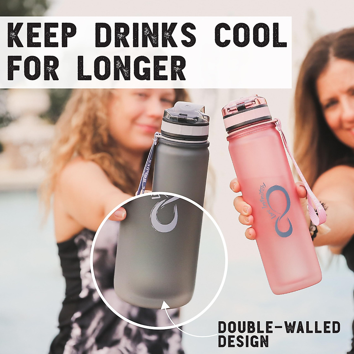 Live Infinitely 24 oz Water Bottle with Time Marker - Insulated Measured Water Tracker Screen - BPA Free Gym Water Bottle - Locking Flip Top Lid, Rubberized (Sunset, 24oz)