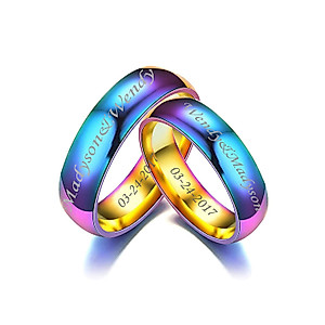 MZZJ Couple Jewelry Custom Name Date Coordinates Roman Numerals 6MM High Polish Colorful Rainbow Stainless Steel Initial Rounded Dome Wedding Band Set,Anniversary Birthday Gift for Husband Wife