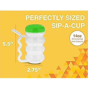 Arrow Home Products Sip-A-Mug, 14oz, 6pk - Easy to Grip Plastic Kid's Cup Where the Handle is the Straw - BPA-free with Screw-On Caps Great for Everyday Use, Made in the USA - Clear with Color Lids