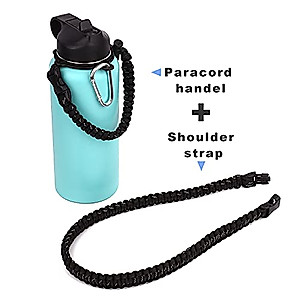 Wongeto Paracord Handle with Shoulder Strap Compatible with Hydro Flask Wide Mouth Water Bottles 12oz - 64 oz，Water Bottle Strap for Walking Biking Hiking Camping(Black 1)