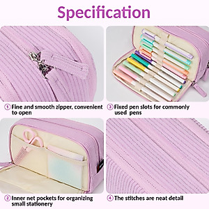 Sooez Big Capacity Pencil Case Pen Pouch, Soft Corduroy Pencil Bag with 3 Compartment, Multiple Pockets, Sturdy Zipper, Cute School Supplies Pen Bag Organizer For Teen Girls College