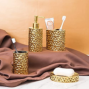RXLVCKY Bathroom Accessories Set 5 Piece Bath Ensemble Includes Trash Can,Toothbrush Holder,Toothbrush Cup,Soap Dispenser,Soap Dish for Decorative Countertop and Housewarming Gift,Yellow Gold