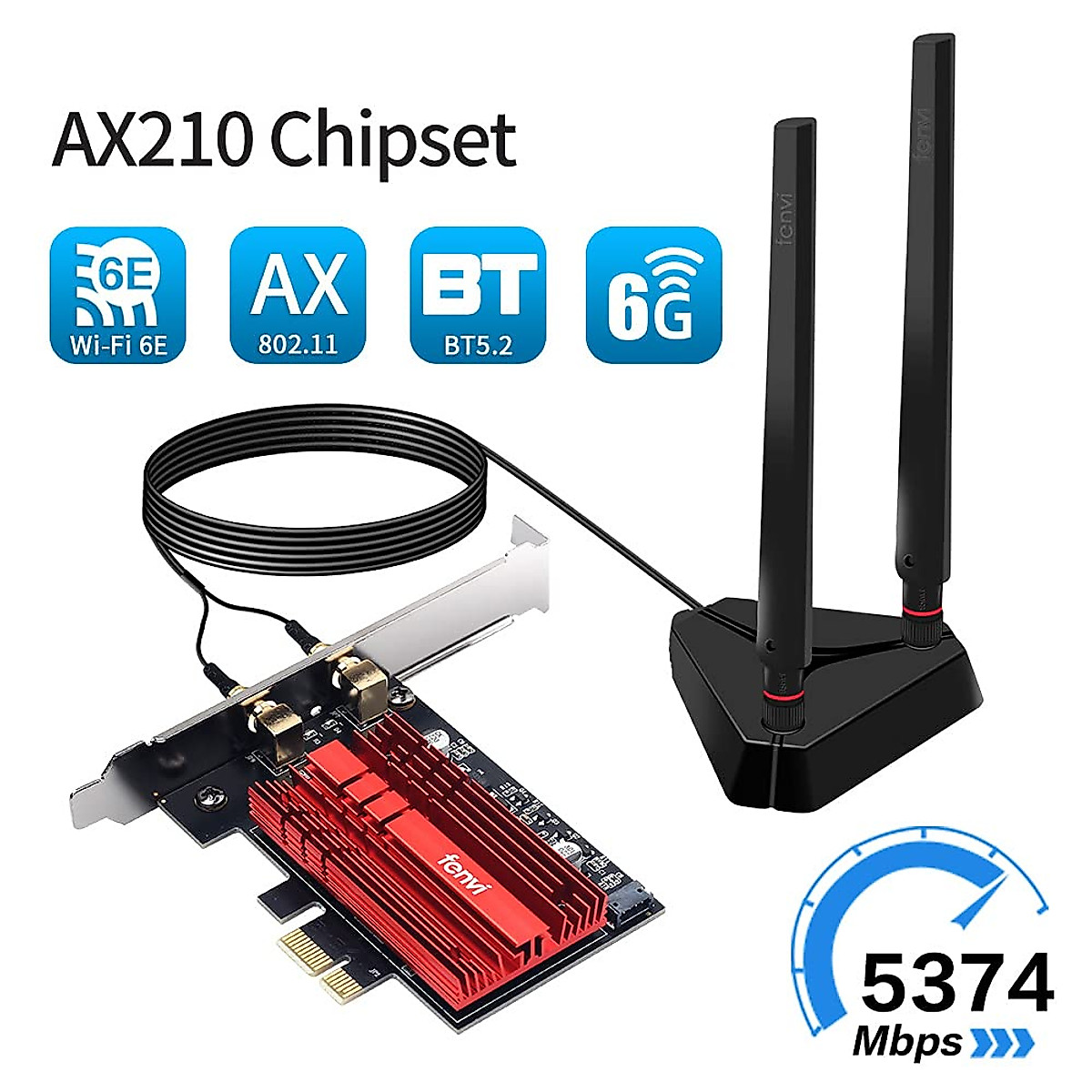 WiFi 6E AX210 (AXE5400) PCIe WiFi Card for Gaming PC Tri-Band PCIe Wireless Adapter for Desktop with High Speed Extended Pro Base Dual Antennas Bluetooth 5.3(USB Port),MU-MIMO, OFDMA for Win 11/10