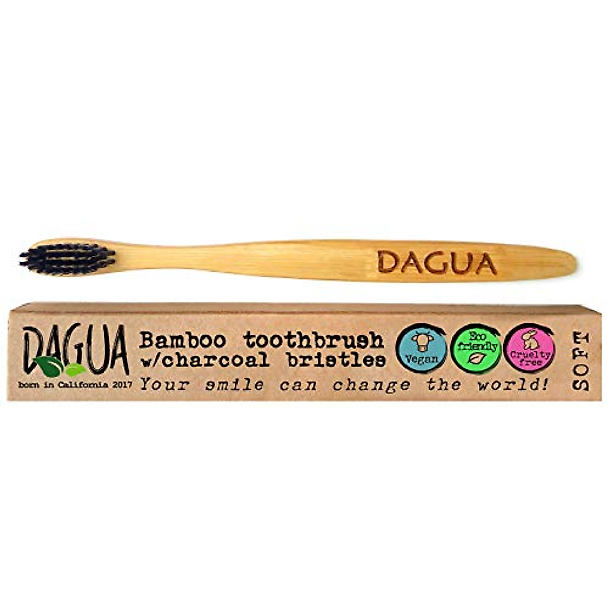 DAGUA Eco-friendly Bamboo Toothbrush with Charcoal Bristles BPA-free in ecofriendly packing (soft bristles - 1 count)