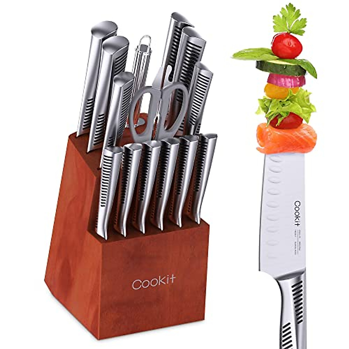Kitchen Knife Set, Cookit 15 Piece Knife Sets with Block Chef Knife Stainless Steel Hollow Handle Cutlery with Manual Sharpener