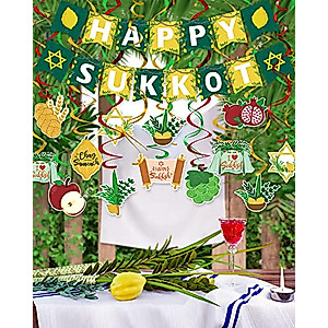 Mosailles Happy Sukkot Hanging Swirls Banner Decorations kit Etrog and Lulav outdoor pre-assembled Sukkah Decor Holiday Party Decor Supplies