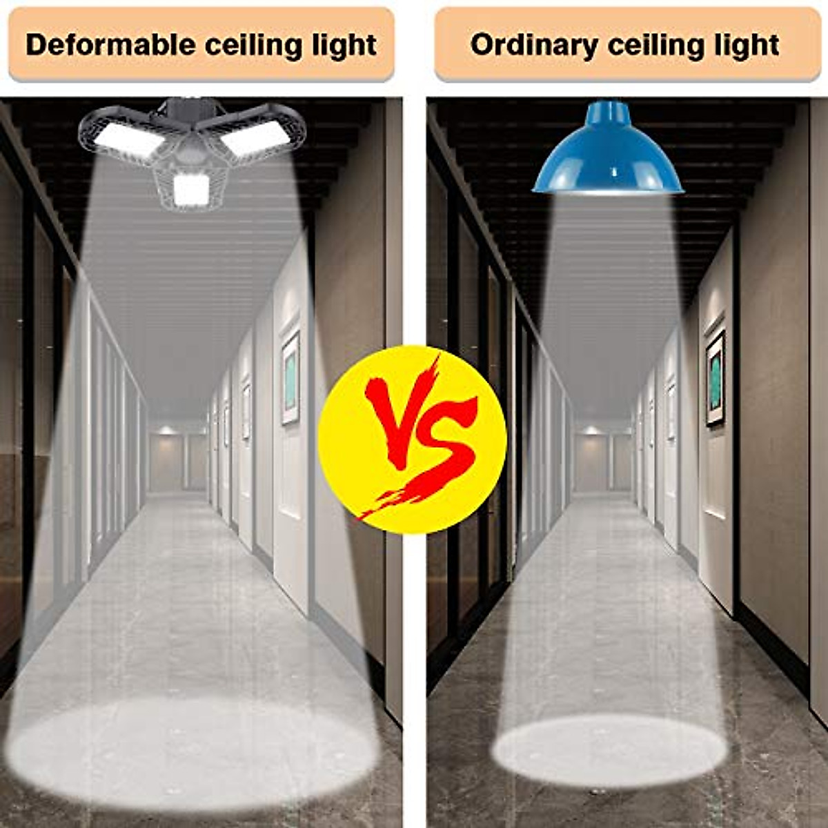 RUNDA LED Garage Lights, 60W Deformable Garage Ceiling Light 6000LM E26 Basement Light with 3 Adjustable Panels LED Light Bulbs for Workshop, Barn, Warehouse and More