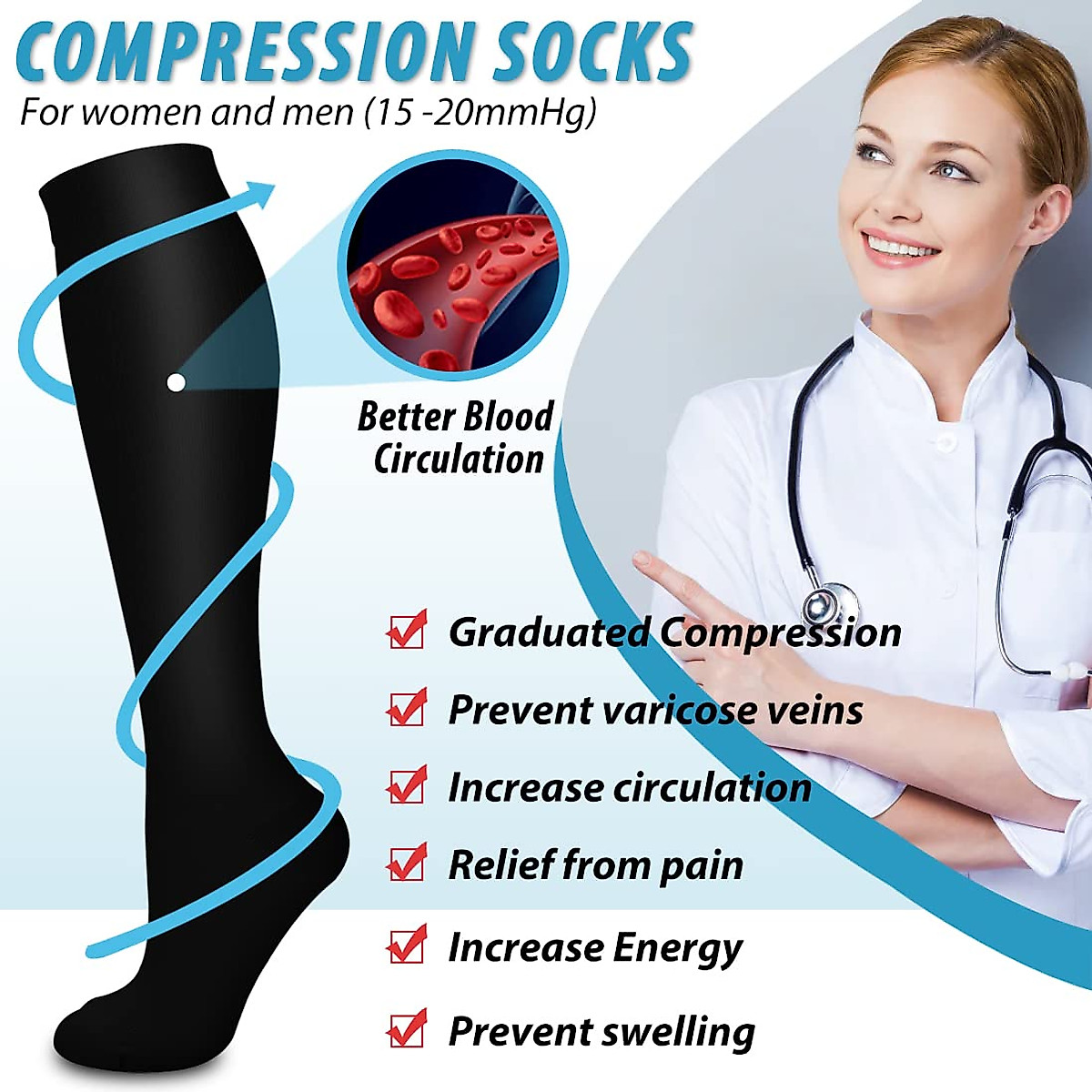 BLUEENJOY Copper Compression Socks for Women & Men (6 pairs) - Best Support for Nurses, Running, Hiking, Recovery