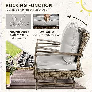 Outsunny 3-Piece PE Rattan Patio Furniture Set with Rocking Chairs and Bistro Coffee Table, Outdoor Wicker Rocker Conversation Set with Cushions for Balcony, Porch, Poolside, Yard, Garden - Gray