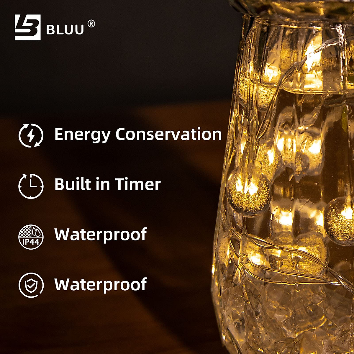 BLUU String Lights 34ft Outdoor 100 Led Crystal Globe Bulb 33 Feet Long String Lights 8 Lighting Modes, Waterproof Battery Powered Patio Lights for Garden Yard Porch Wedding Party Decor