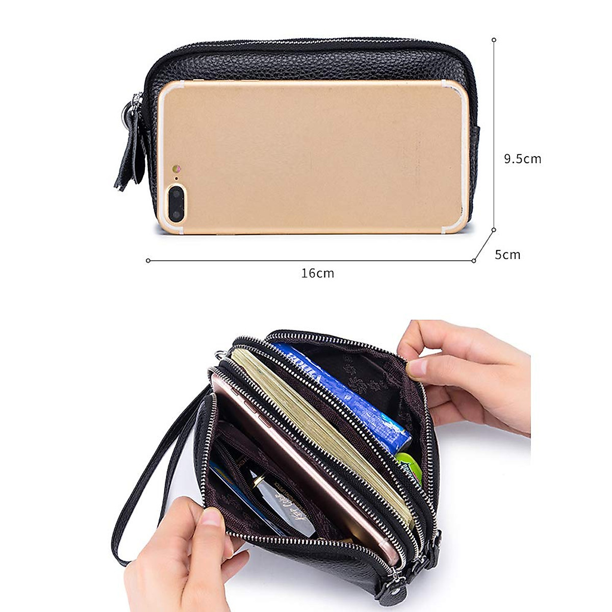 NIGEDU Women Long Wallet Genuine Leather 3-Layer Zipper Purse Bag Phone Bag Money Purses Clutch Wallets with Wrist Strap (Black)