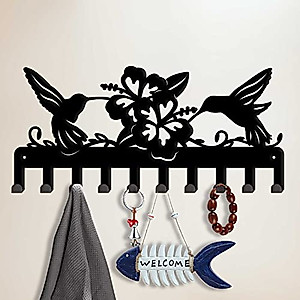 SUPERDANT Hummingbird Key Holder Flower Decoratice Key Hook 10 Hooks Wall Mounted Key Rack Hanger Organizer Black Iron Home Decor for Bag Clothes Key Towel Hanging Wall Decoration
