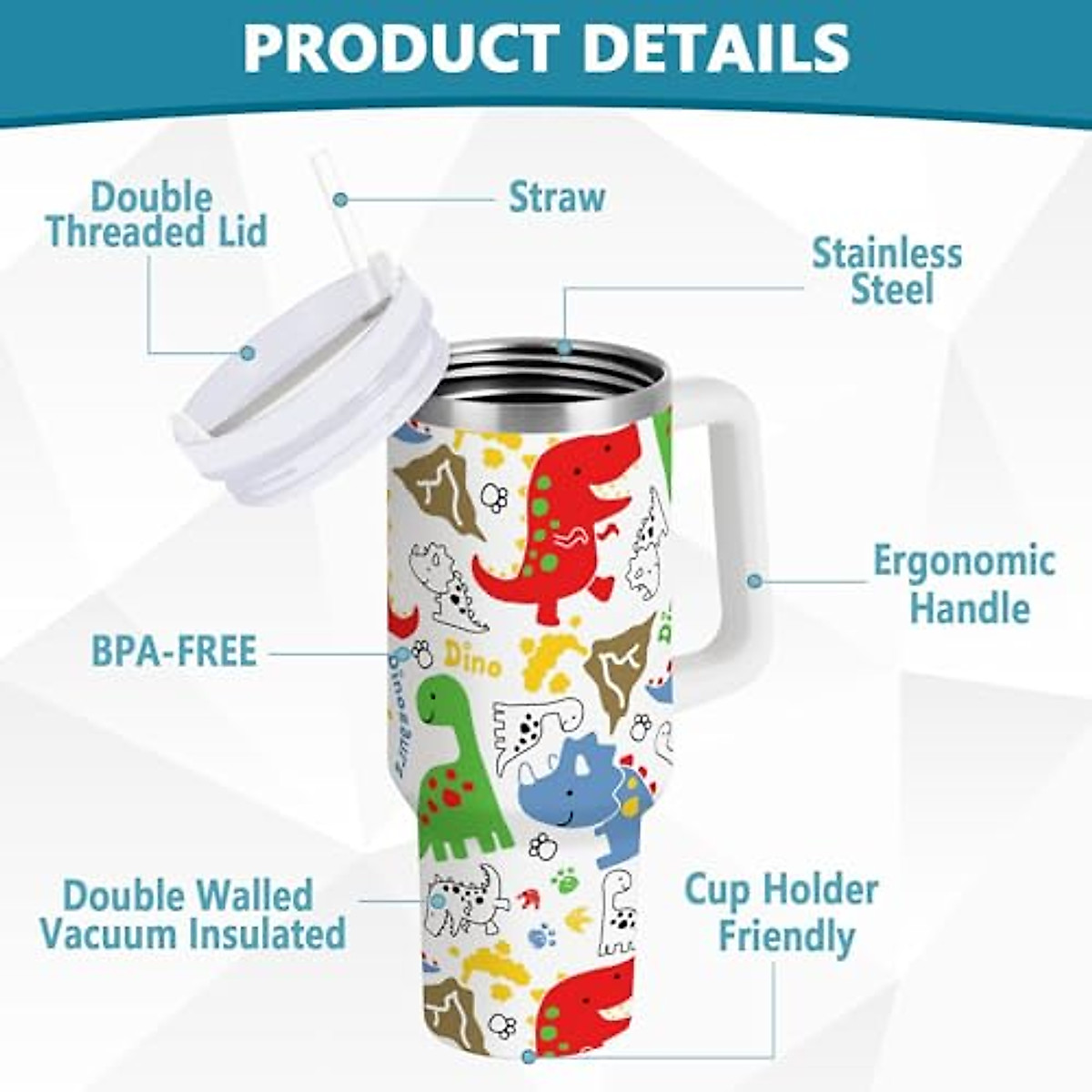 MCHIVER Cute Dinosaurs Cartoon 30 oz Tumbler with Handle and Straw Stainless Steel Vacuum Water Bottle Leak-proof Travel Coffee Mug Thermos Water Bottle for Hot Cold Beverages