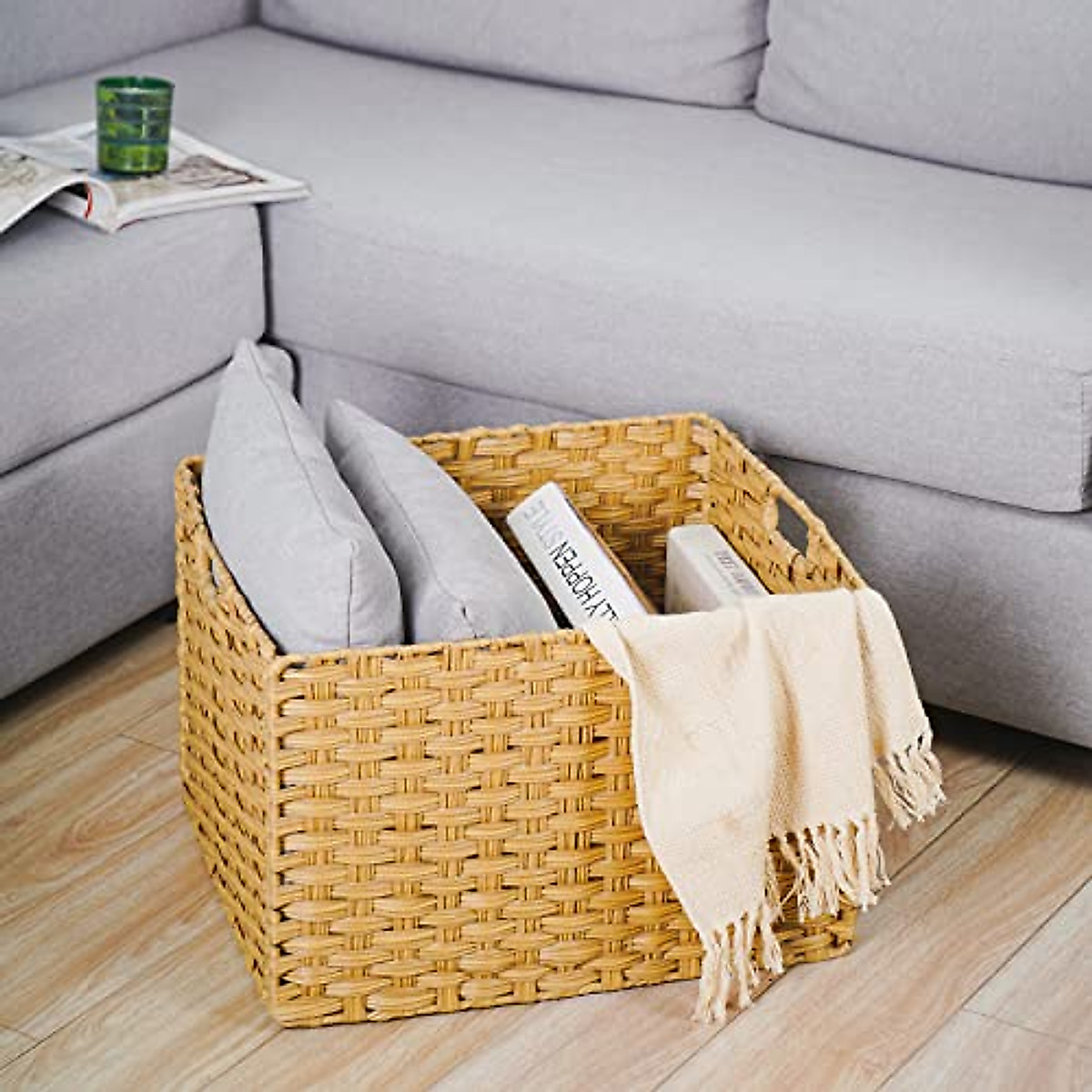 Wicker Baskets with Carrying Handles Foldable Handwoven Cube Storage Basket Bin Rectangular Open Storage Bins,Set of 2