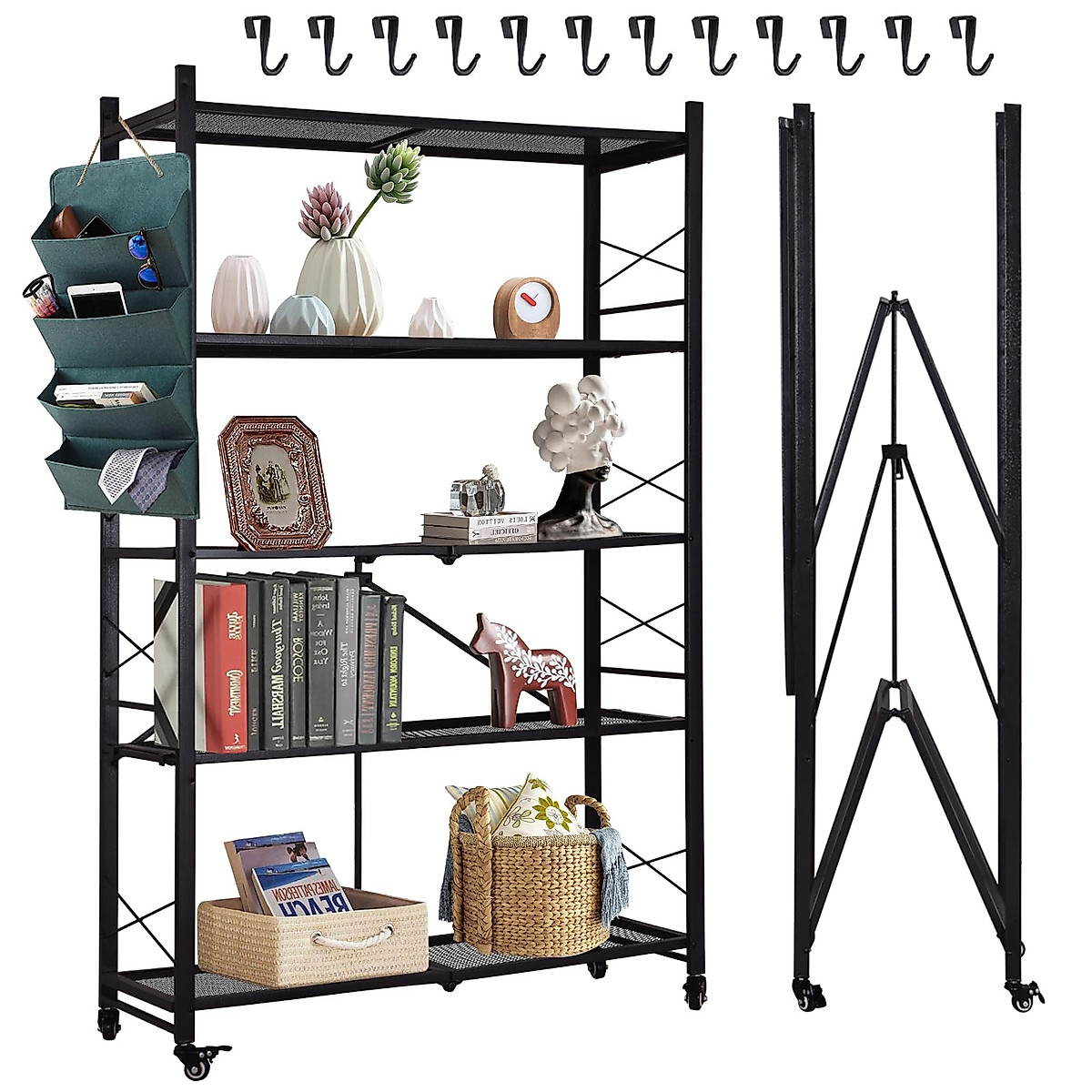 GREZJXC 5-Tier Metal Shelving with Wheels and 12 Hook, Rolling Storage Shelves Foldable Shelves,Wire Shelving.Heavy Steel Material Pantry Shelves Holds up to 1250 lbs