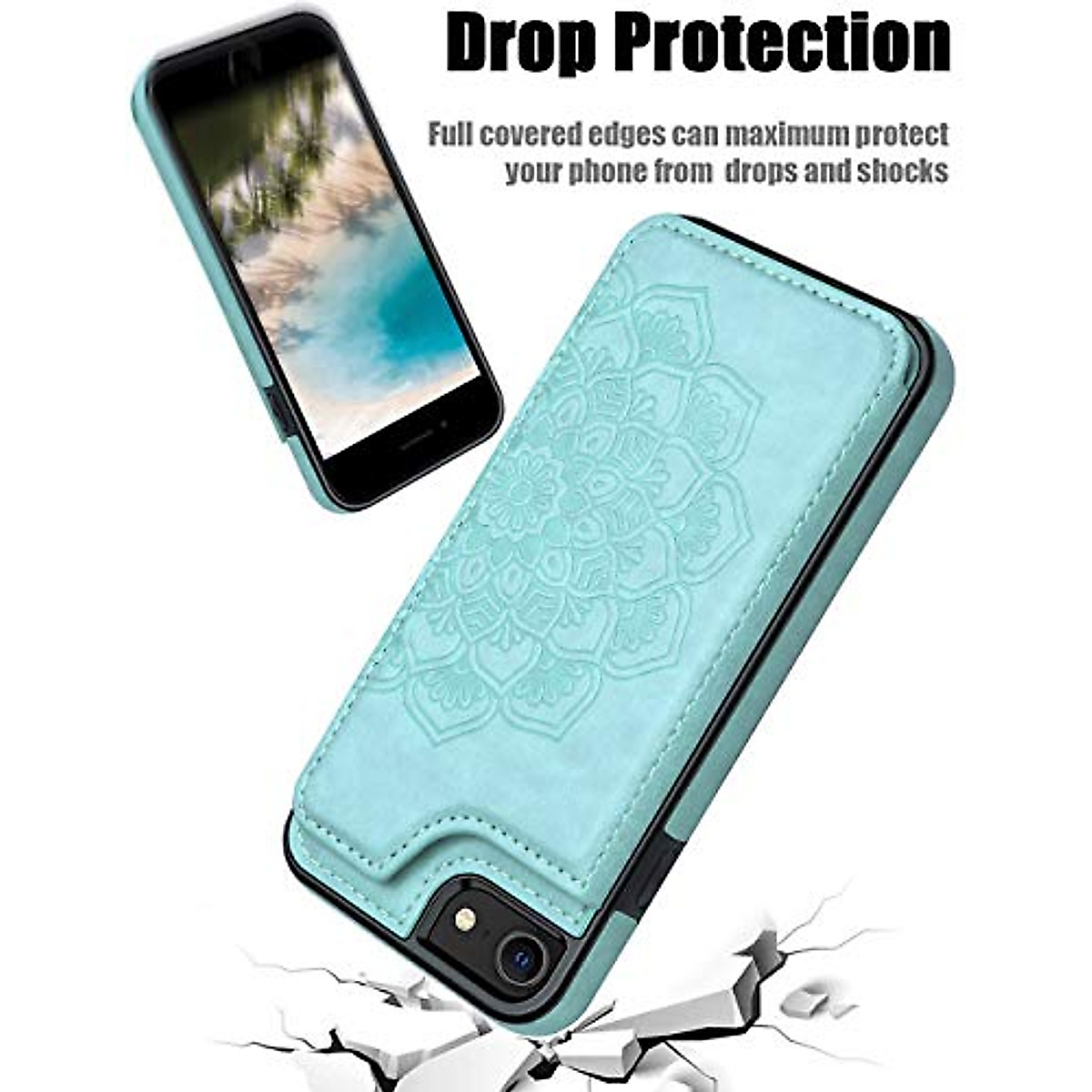 MMHUO for iPhone 7/8/SE 2020/SE 2022 Case with Card Holder,Flower Magnetic Back Flip Case for iPhone 7/8/SE 2020 Wallet Case for Women,Protective Case Phone Case for iPhone 7/8/SE 2020/SE 2022,Mint