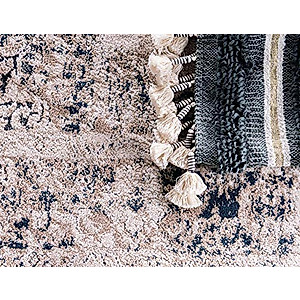 Unique Loom Leila Collection Traditional, Distressed, Medallion, Border, High-Low Pile, Vintage Area Rug, 3' 3" x 5' 3", Tan/Navy Blue