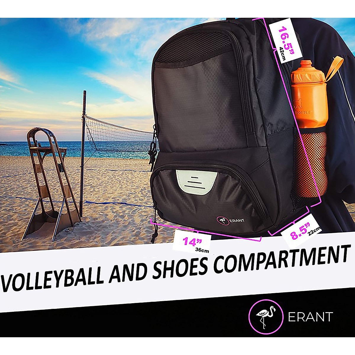 ERANT Athletic Volleyball Backpack - Extra Large Sports Volleyball Bag - Separate Ball and Shoe Compartment - Durable - Boys and Girls - Black