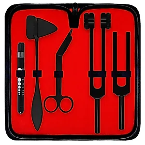 DEXSUR Diagnostics Kit - Percussion Taylor Reflex Hammer + C 128 & C 512 Tuning Forks + Bandage Scissors + Pupil Gauge Pen Light in Carrying Case - 6 Pieces Set - Full Black