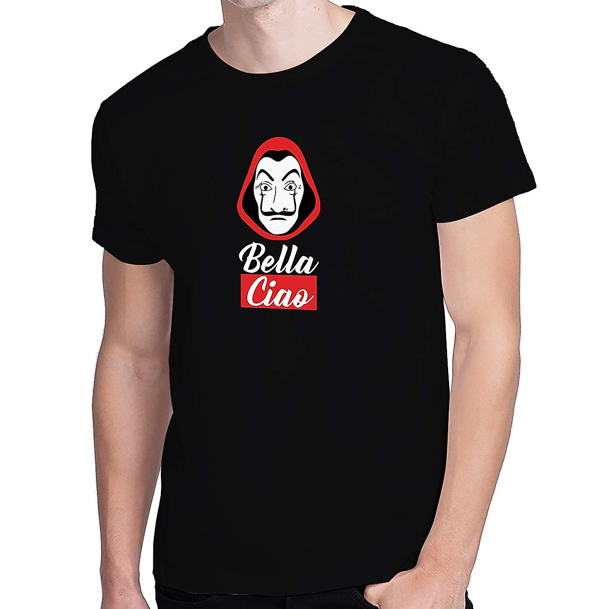 BannerBuzz, Bella Ciao Crew Neck T-Shirt Short Sleeve, Cotton Fabric, Unisex, Digitally Printed, Fabric Warranty for up to 25 Washes (Medium, Black)