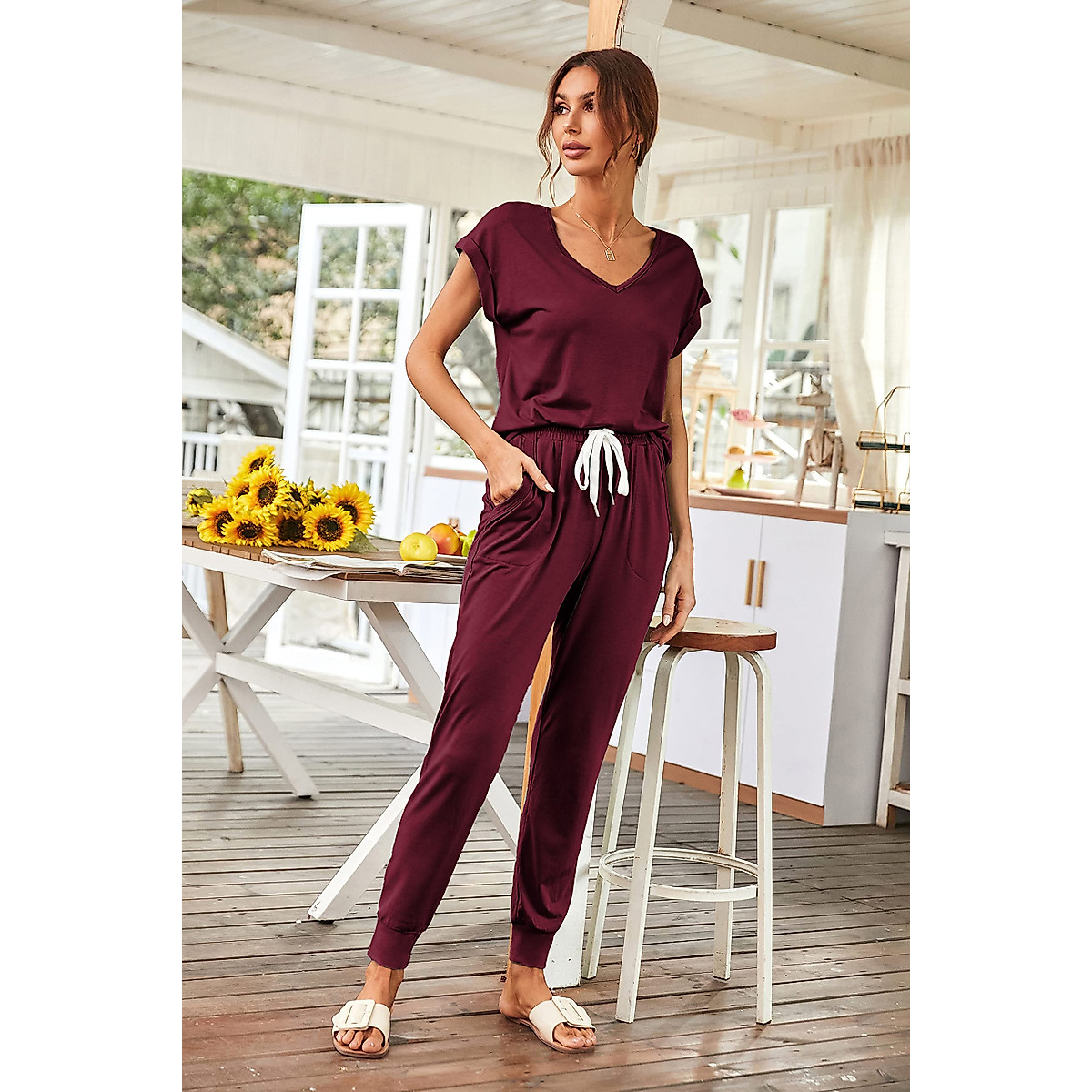PRETTYGARDEN Women's Two Piece Tracksuit V Neck Short Sleeve Tops Long Pants With Drawstring Outfits Jogger Sets(Jujube Red,Small)