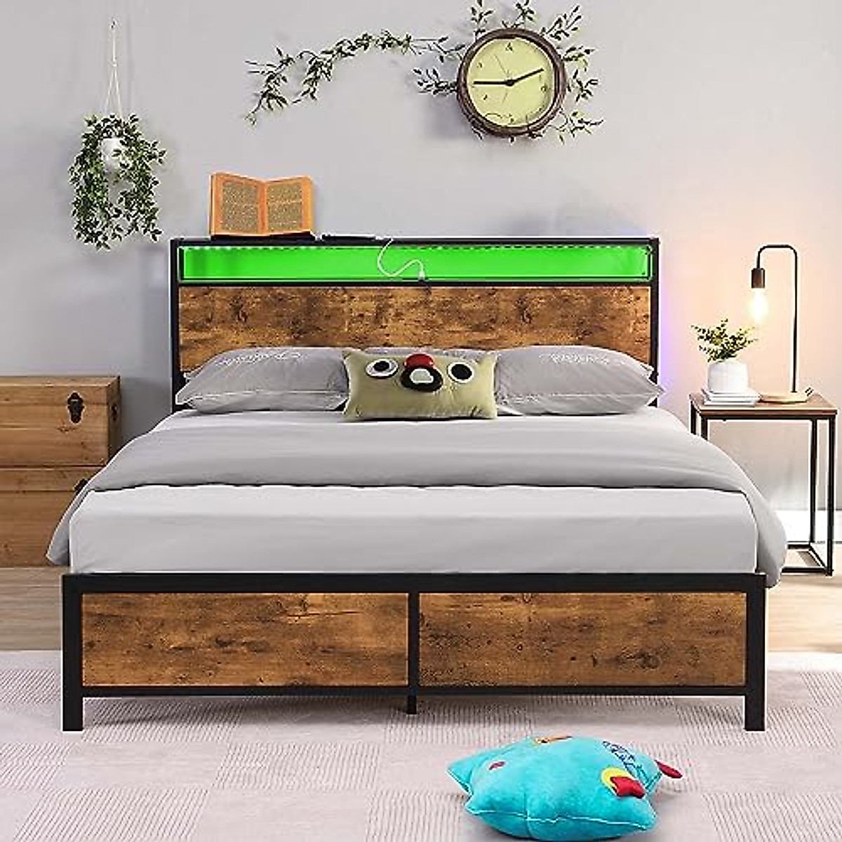 Anwick Metal Queen Bed Frame with Storage Headboard and 2 USB Ports,Industrial Bed Frame Queen Size with LED Lights and Underbed Storage,Noise Free, No Box Spring Needed (Queen)