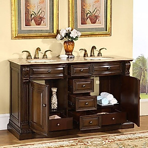 Silkroad Exclusive Hyp-0712-T-Uic-60 Travertine Stone Top Double Sink Bathroom Vanity with Bath Furniture Cabinet, 60", Medium Wood