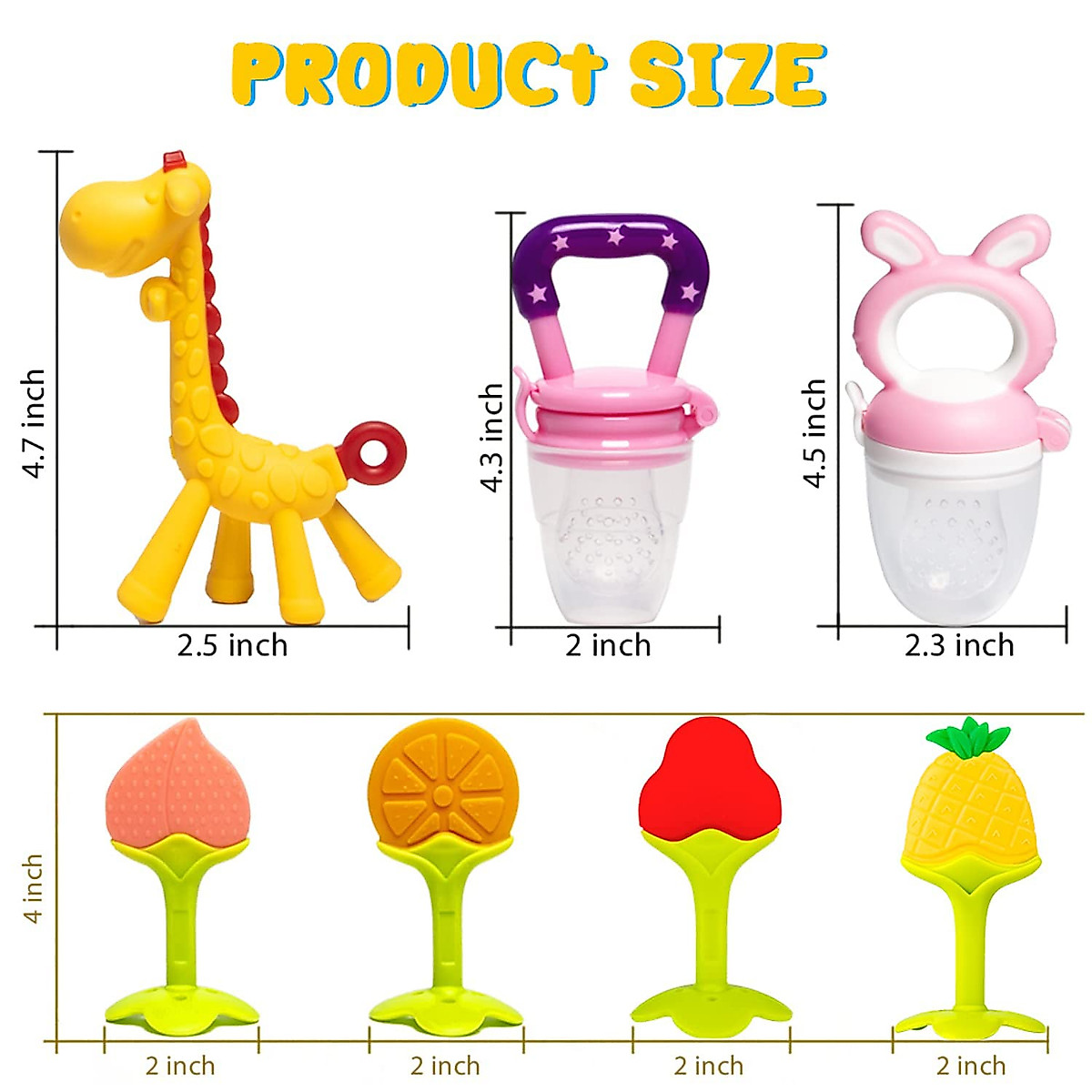 HONGTEYA Teething Toys for Babies 0-6 Months 6-12 Months 6 Pack- 4 Teethers, 2 Fruit Feeders for Newborn Infants BPA Free Natural Organic Freezer Silicone Baby Teethers Set(Pink)