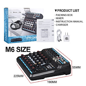 D Debra M6 Mini Audio Mixer Mixing Console Mixer Sound 6 Channel with Sound Board USB Bluetooth Audio Interface Mic Preamps 48V Phantom Power Mixer Use for DJ Studio PC Recording Singing Webcast Party