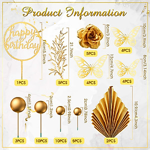 52 Pcs Flower Toppers for Cake Gold Balls Decorations Boho Topper Butterfly Birthday Wedding Baby Shower Party Decoration(Gold)