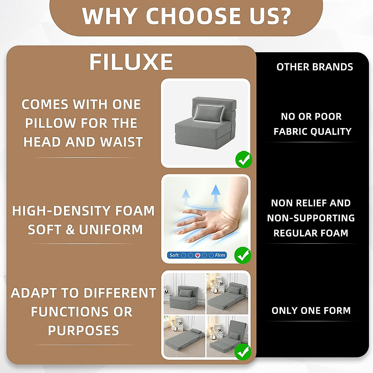 FILUXE Convertible Folding Sofa Bed - Sleeper Chair with Pillow, Modern Linen Fabric Floor & Futon Couch, Foldable Mattress for Living Room/Dorm/Guest Use/Home Office/Apartment, Single Size Light Gray