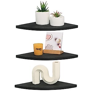 Joiishom Corner Wall Shelf Set of 3, Floating Corner Shelves for Wall, Rustic Wood Wall Storage Display Shelves for Living Room Bedroom Bathroom Kitchen (Round Edge-Black)