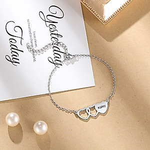 Ashleymade 3PCS Personalized Name Heart Bracelet Best Friend Bracelet for 3 Sister Jewelry Link Chain Gift Friendship Adjustable Custom Names Engraved Love Bracelets for Women (3PCS)