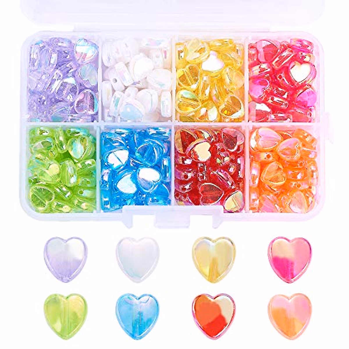 LiQunSweet 320 Pcs 8-Colors Clear Acrylic Beads Sweet Heart 8mm Dyed AB-Color Loose Beads in Bulk for Necklace Bracelet Earrings Jewelry Making