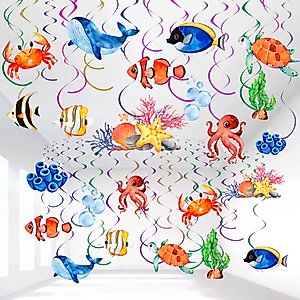 54 Pcs Under The Sea Party Decorations Ceiling Hanging Swirls Ocean Party Decorations Sea Animals Fish Themed Party Supplies Baby Shower Mermaid Birthday Beach Party Favor for Kids Boys Girls