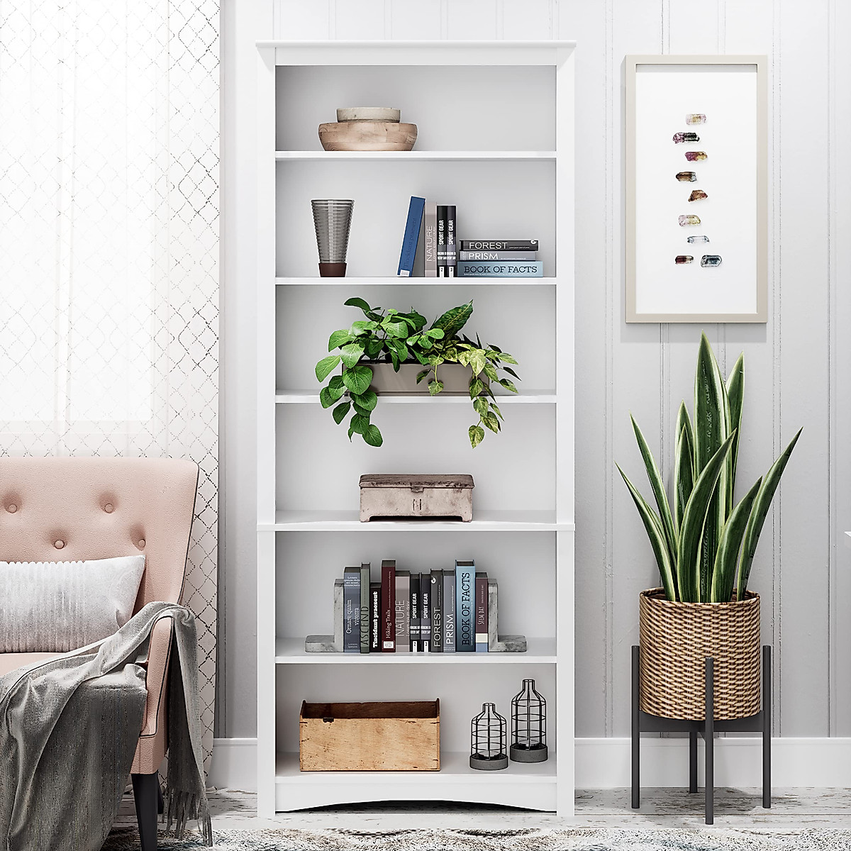 Prepac Sonoma Tall 6-Tier Bookcase 77"H with 3 Adjustable Shelves, White Storage Cabinet, Modern Display Cabinet, Bookshelf with Storage Shelves for Home Office, Living Room, Bedroom Organizer