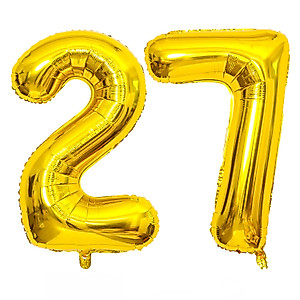 40 inch 27 Number Balloon 27 Birthday Balloons Digit 27 Helium Balloons Giant Balloon Alphabet Foil Balloon for Birthday Party Supplies Wedding Bachelorette Bridal Shower, Gold Mylar 27 Balloon
