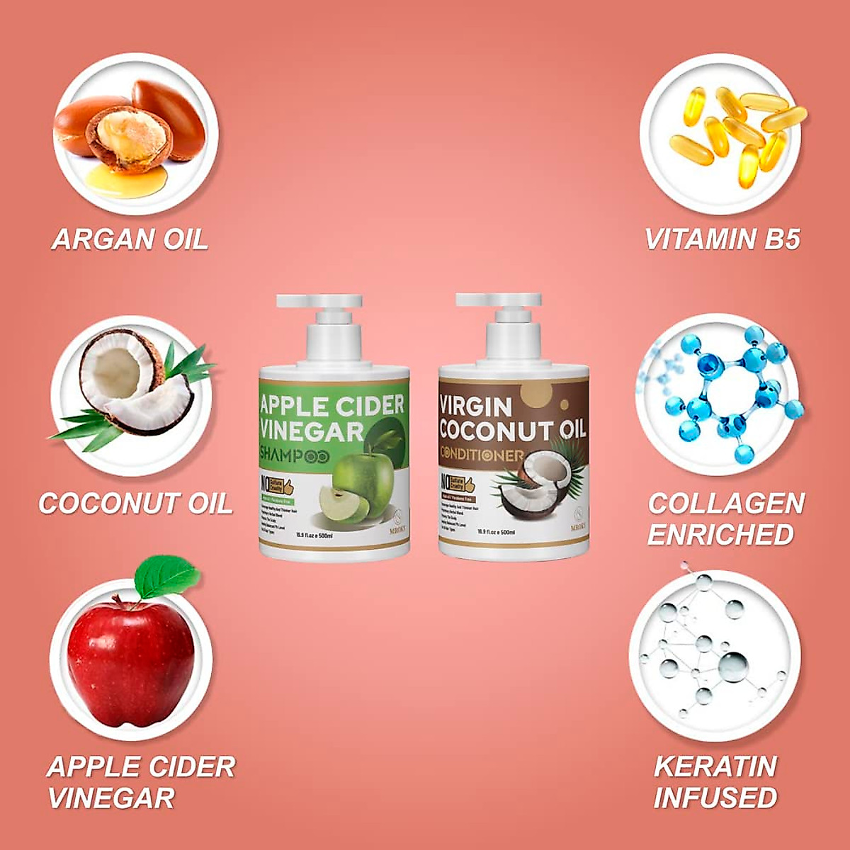 Mroky Shampoo and Conditioner Set, Apple Cider Vinegar Shampoo and Virgin Coconut Conditioner Bundle for Oily Dry Dull Damaged Curly Frizzy Hair, Sulfate, Silicone & Paraben Free, 2 x 16.9 fl oz