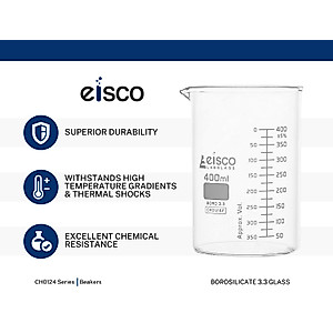 EISCO Beaker, 1000ml - ASTM - Low Form with Spout - Dual Scale, White Graduations - Borosilicate 3.3 Glass