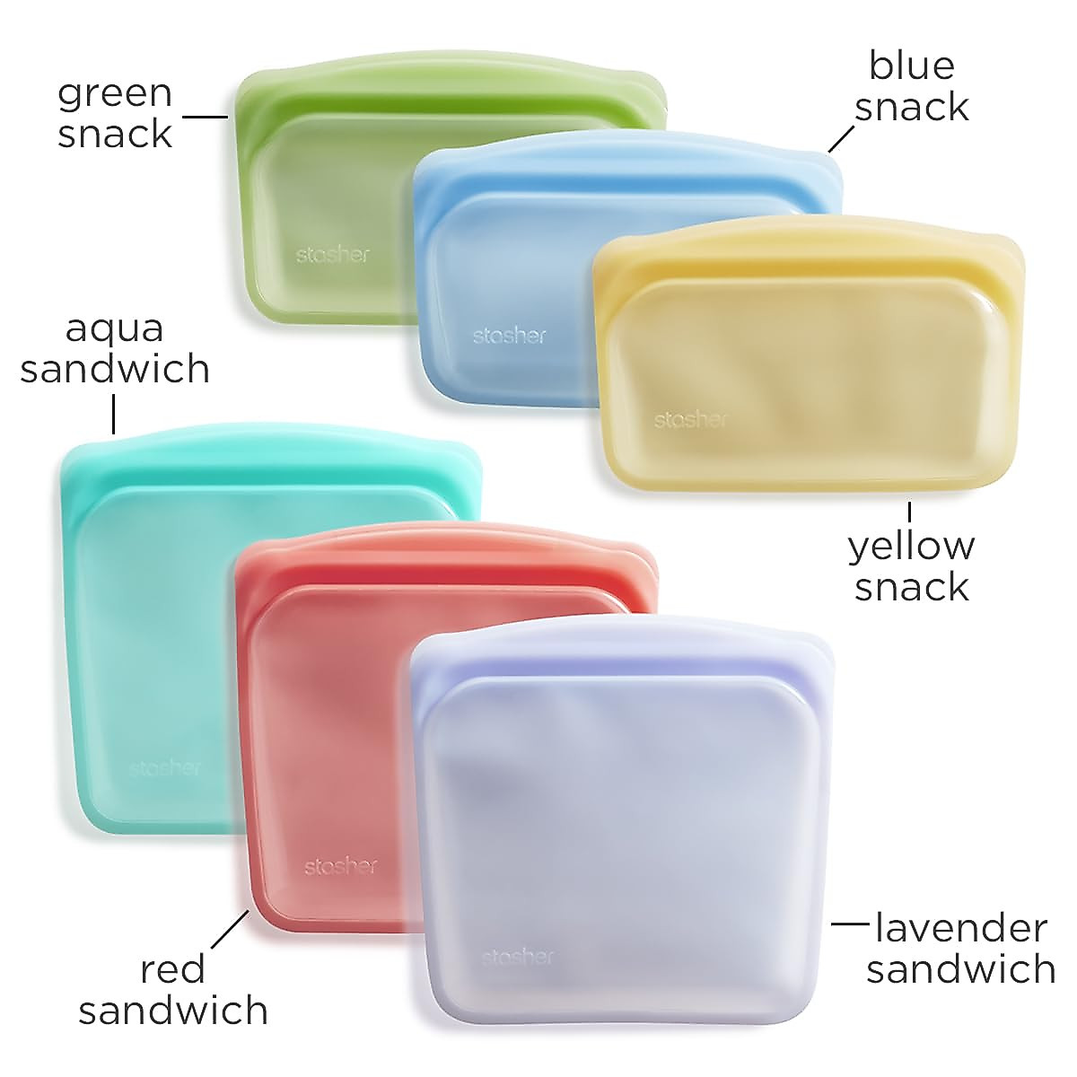 Stasher Premium Silicone Reusable Food Storage Bags, 6-Pack, Multi | Multi-Use Food Storage Bags, Lunch Bag, Travel Containers | BPA Free, Leak-free, Dishwasher-Safe, Eco-friendly