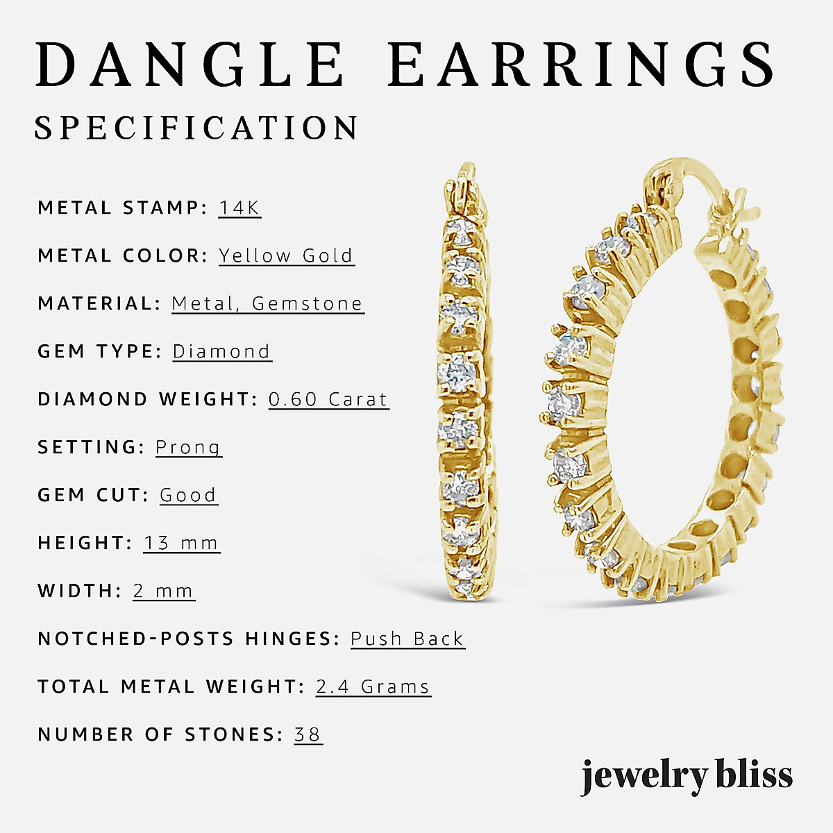 Jewelry Bliss 14k Yellow Gold Hoop Earrings With Diamond. Real Diamond Jewelry, Diamond Hoop Earrings for Women, April Birthstone (Dia: 3/4 Carats) Anniversary, Valentine's, Mother's day, Wedding