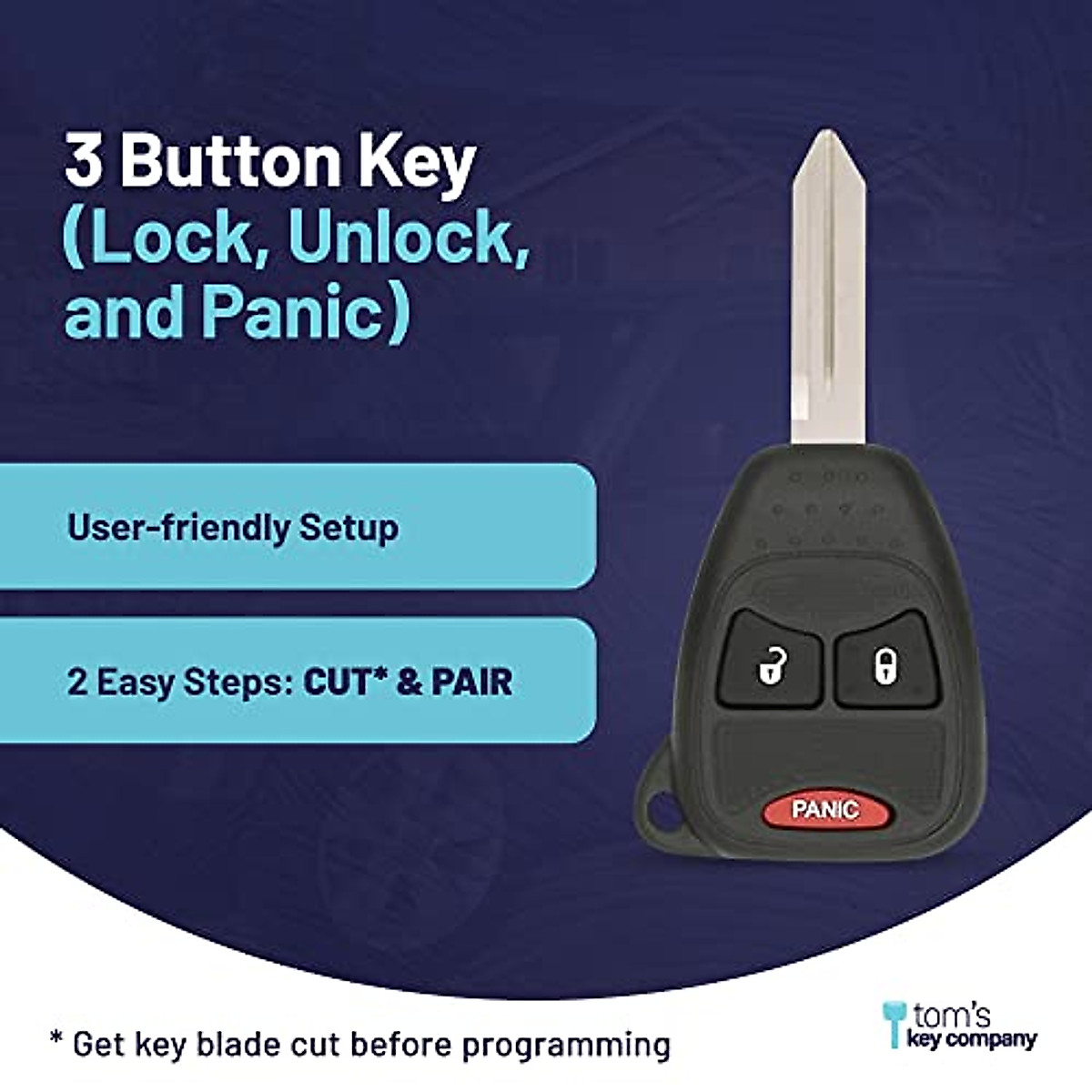 Simple Key Kit, Car Key with Fob and EZ Installer, Key Programming Tool Compatible with Chrysler, Dodge, Jeep, Key Programmer and a Key with 3-Button Remote Keypad (Lock, Unlock, Panic)