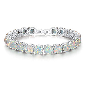 CiNily Rhodium Plated Created White Fire Opal Women Jewelry Gemstone Round Bracelet 8''