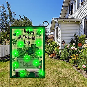 St Patrick's Day Garden Flag with Green Led Lights Good Shamrock Luck Truck Gnome 12 X 18 Inch Double Sided Garden Flag Durable Burlap Shamrock Garden Flag for Lawn Party Outdoor Decorations (Happy St. Patrick's Day)