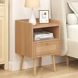 MECHYIN Night Stand Set of 2, Bedside Tables with Charging Station, Rattan End Tables, Boho Bed Side Tables, Wood Nightstands Set of 2 for Farmhouse Bedroom Living Room Dorm Sofa Couch Office Corner