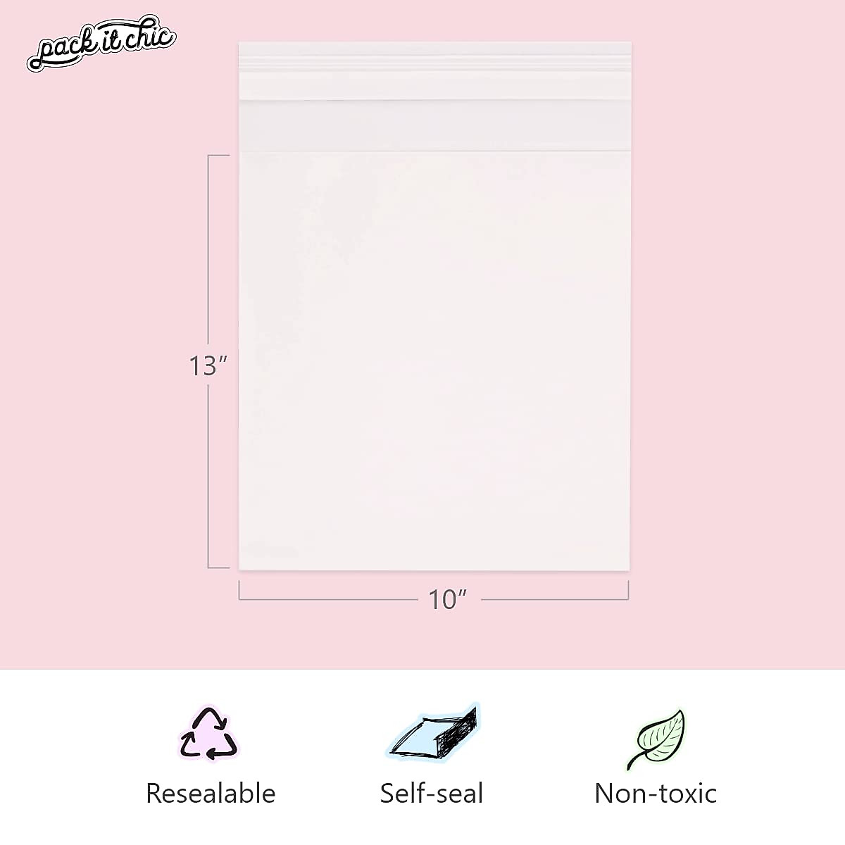 Pack It Chic - 10” X 13” (200 Pack) Clear Resealable Cello Bags - Fits 10X13 Prints, Photos, Documents - Self Seal