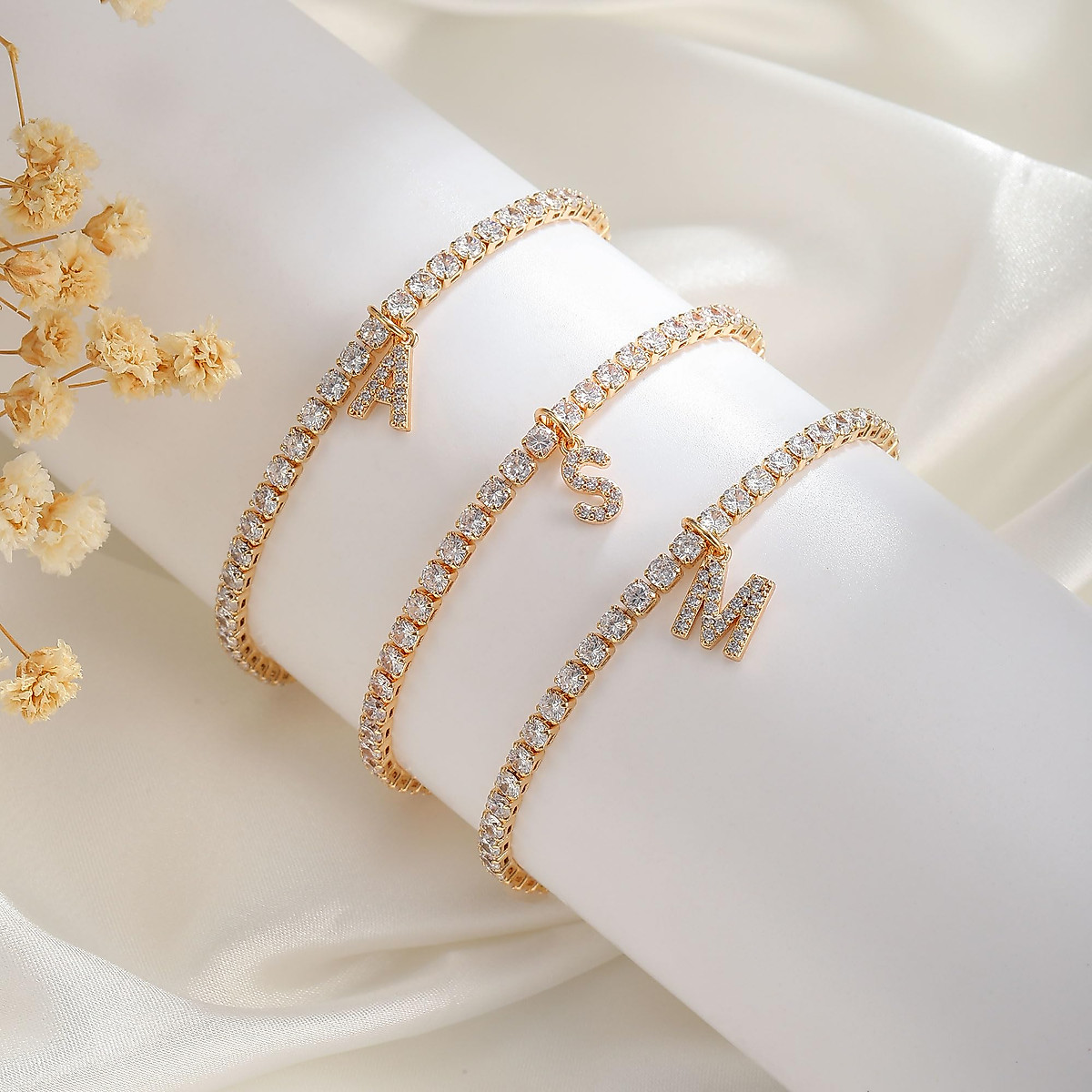 GLIJWELE Gold Bracelets for Women, 14K Gold Plated Bracelets for Women Initial Bracelets for Women Gold Tennis Bracelets for Women Letter Initial Bracelets For Women Gifts(C)